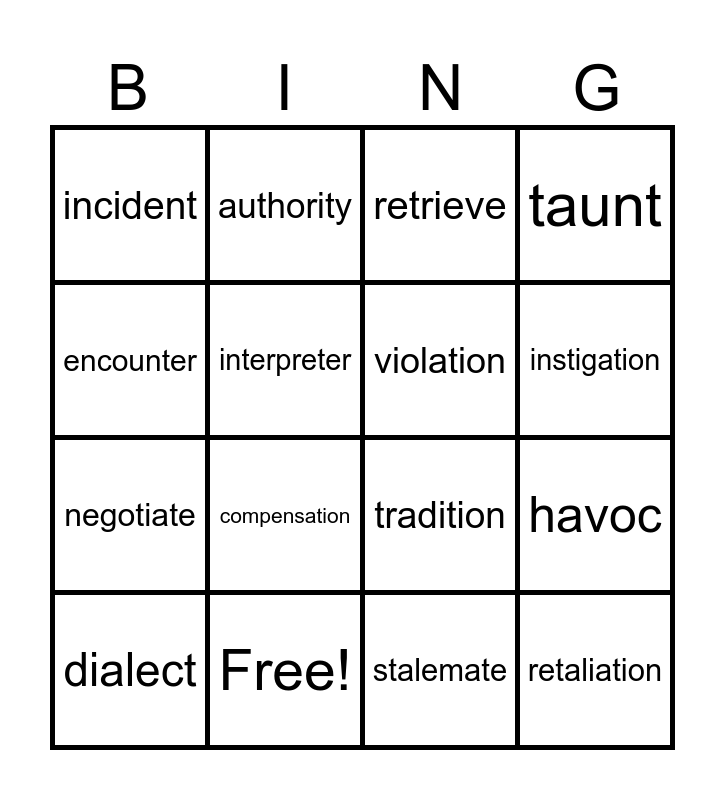 Conquering Bear Vocab Bingo Card