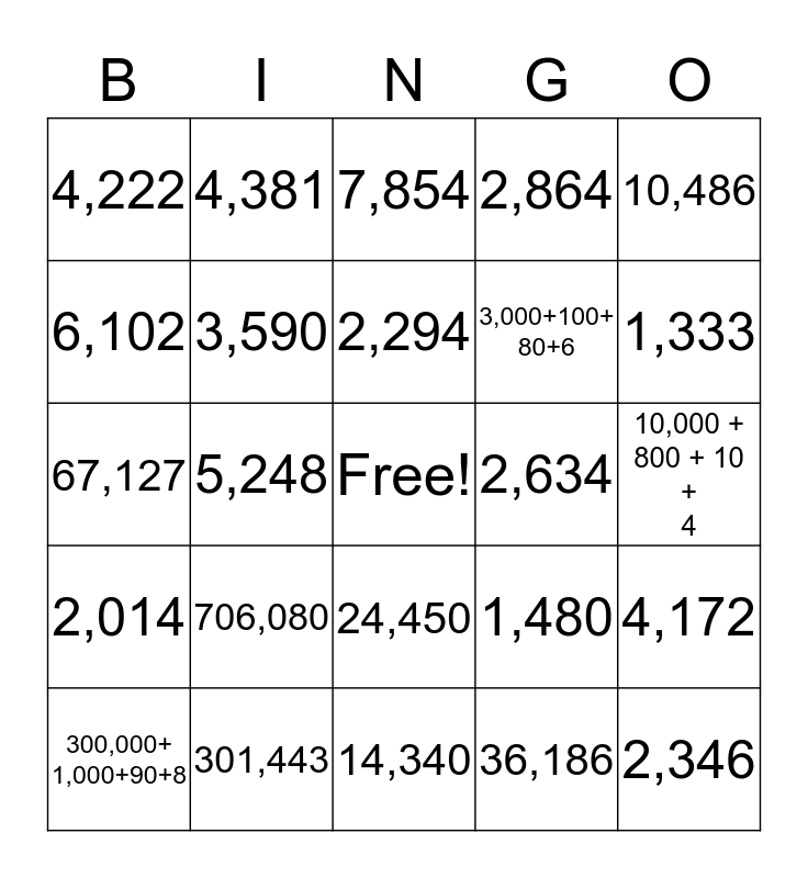 Numbers and Operations Bingo Card