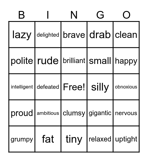 Adjective Opposites Bingo Card