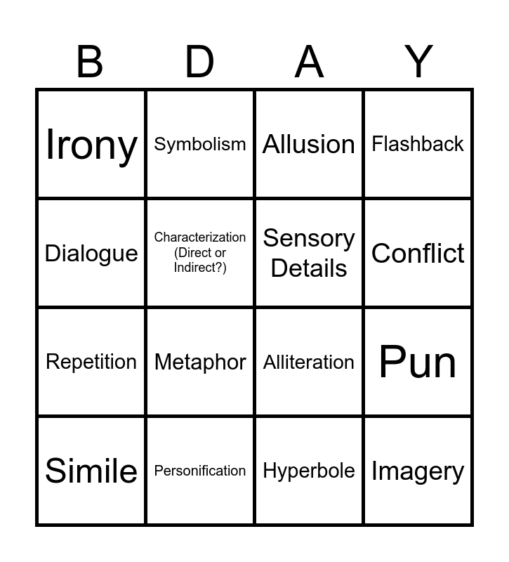 Taylor Swift Literary Terms Bingo Card