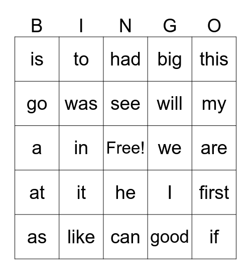 Sight Word Bingo Card