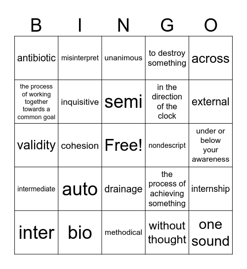 prefix/suffix 2 Bingo Card