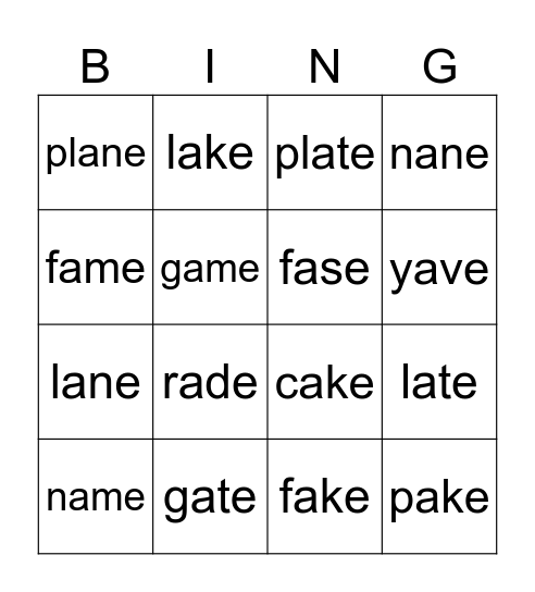 Long Vowel A Bingo Card
