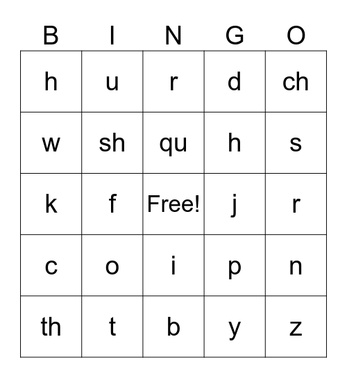 Letter and Digraph Bingo Card