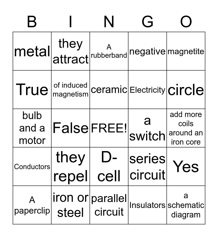 Magnetism and Electricity Bingo Card