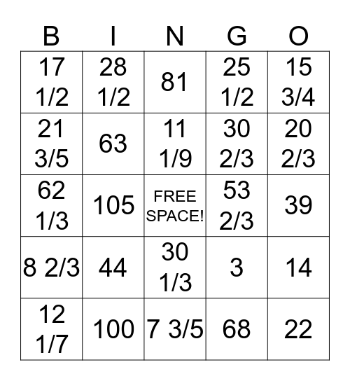 Multiplying Mixed Numbers BINGO Bingo Card