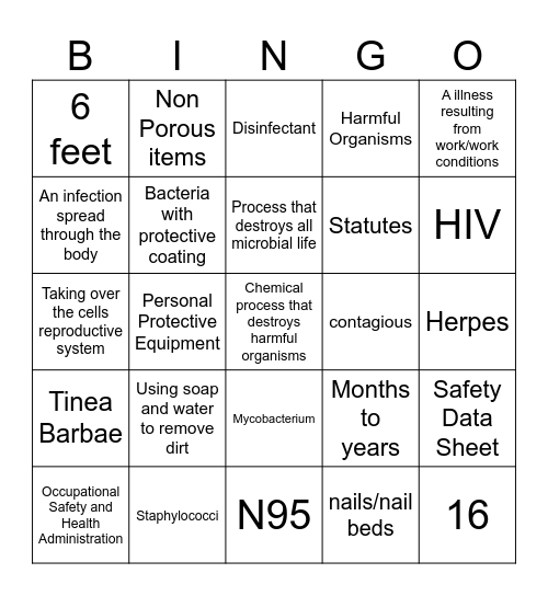 Infection Control Bingo Card