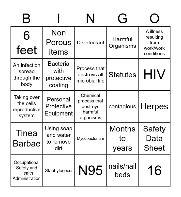 Infection Control Bingo Card
