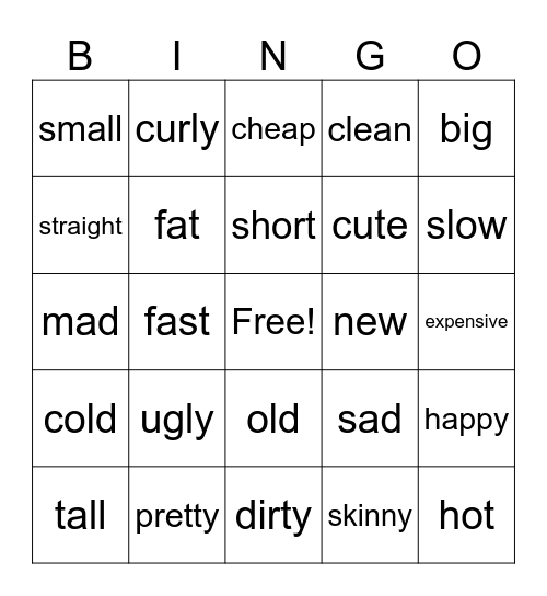 Adjectives Bingo Card