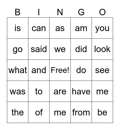 Irregular Words Bingo Card