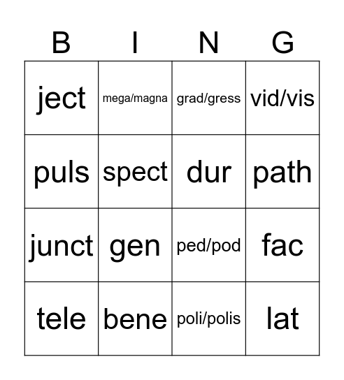 Root Words Bingo Card