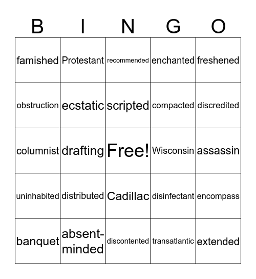 Multi-syllable Words Bingo Card