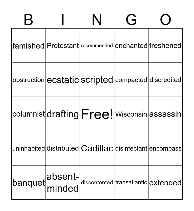 Multi-syllable Words Bingo Card