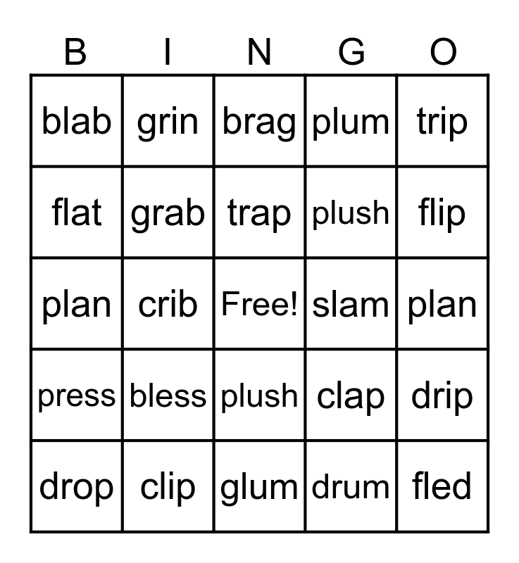 R and L Blends Bingo Card