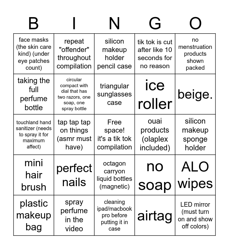 pack with me "travel essentials" asmr videos but, Bingo Card