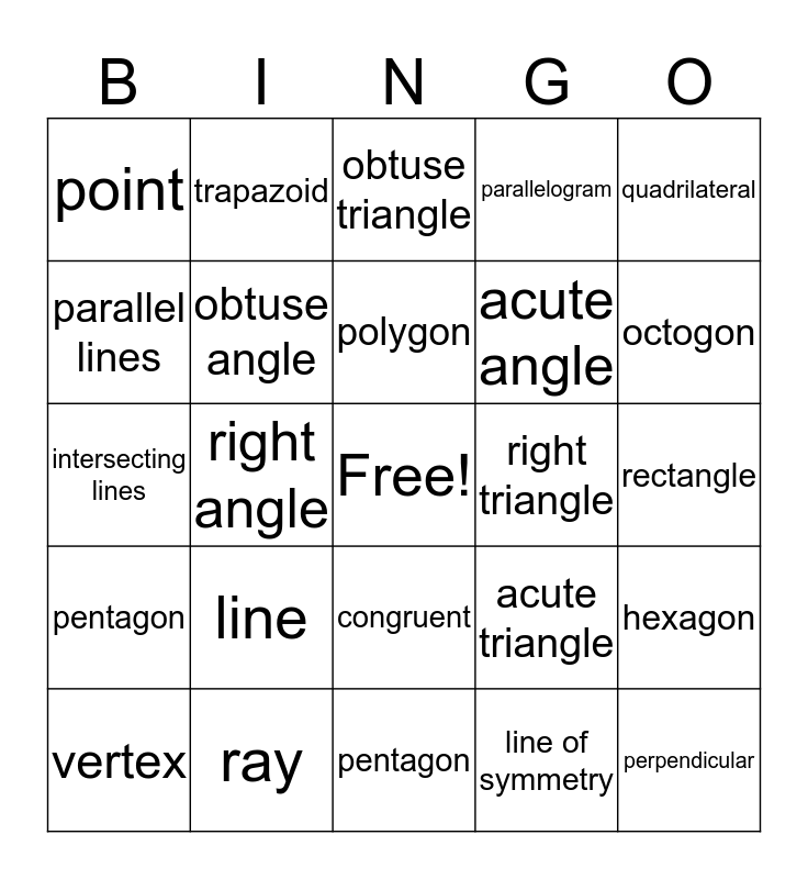 Geometry Vocabulary Bingo Card