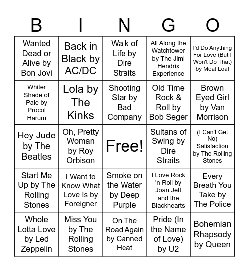Rock 'n Roll Music Bingo Card