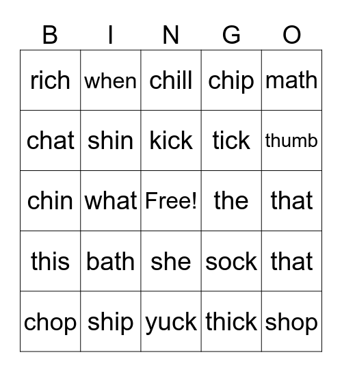 Digraph Bingo Card