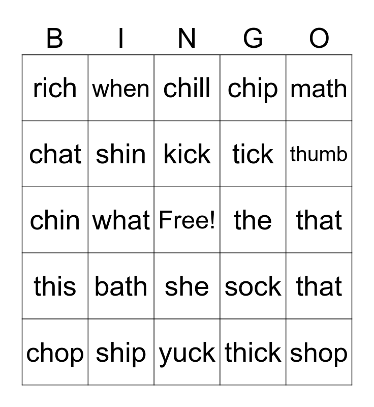 Digraph Bingo Card