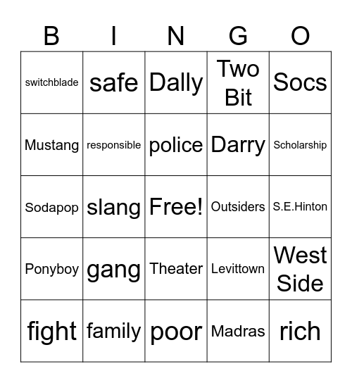 The Outsiders Bingo Card