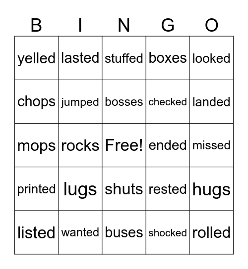Suffixes -s, -es, -ed Bingo Card