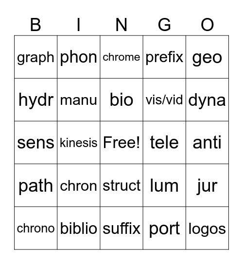 Greek and Latin Roots Bingo Card