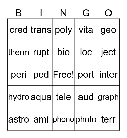 Root Word Bingo Card