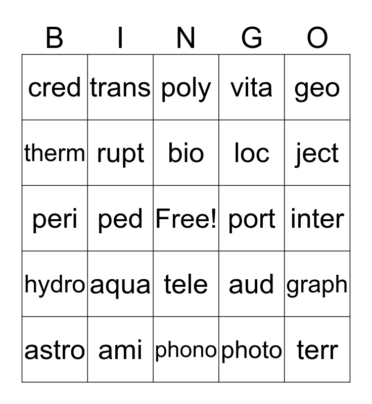 Root Word Bingo Card