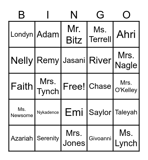Our Class Bingo Card