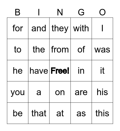 Sight Word Bingo 1a Bingo Card