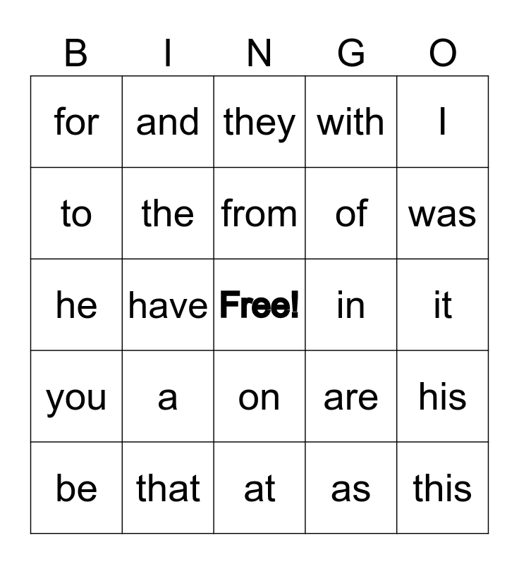 Sight Word Bingo 1a Bingo Card