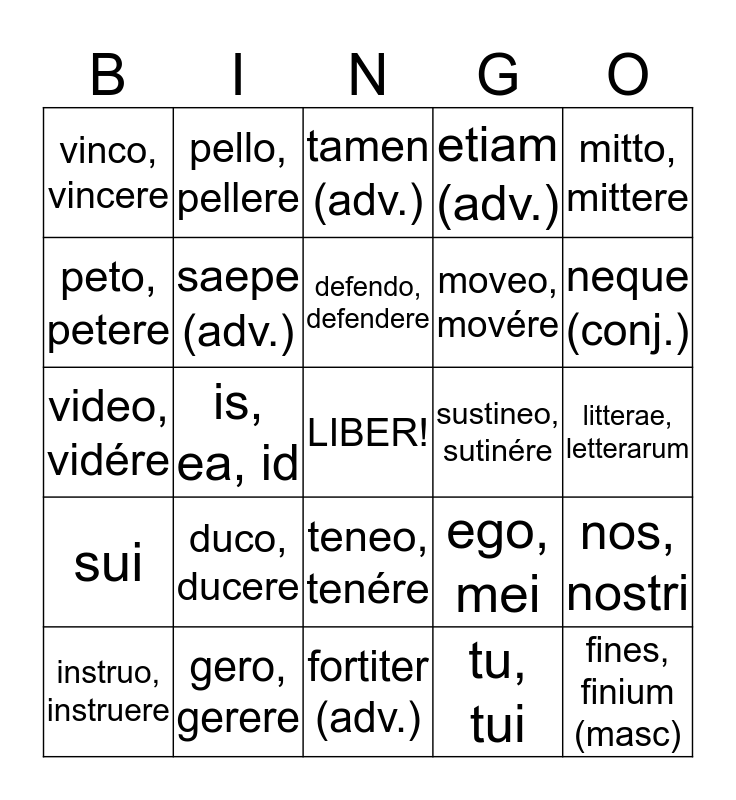 Latin Vocab Bingo Card
