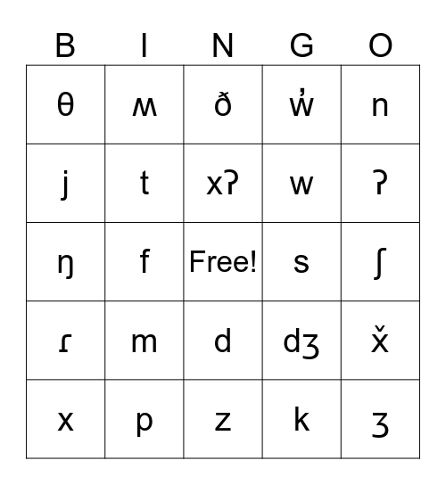Consonant Bingo Card