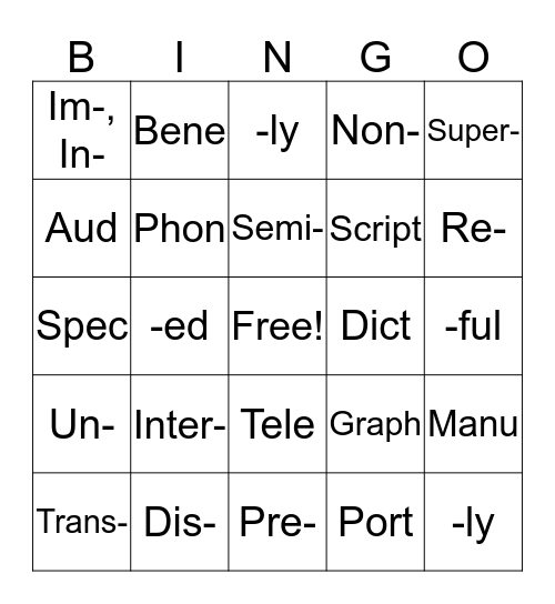 Prefixes, Suffixes, Roots Bingo Card