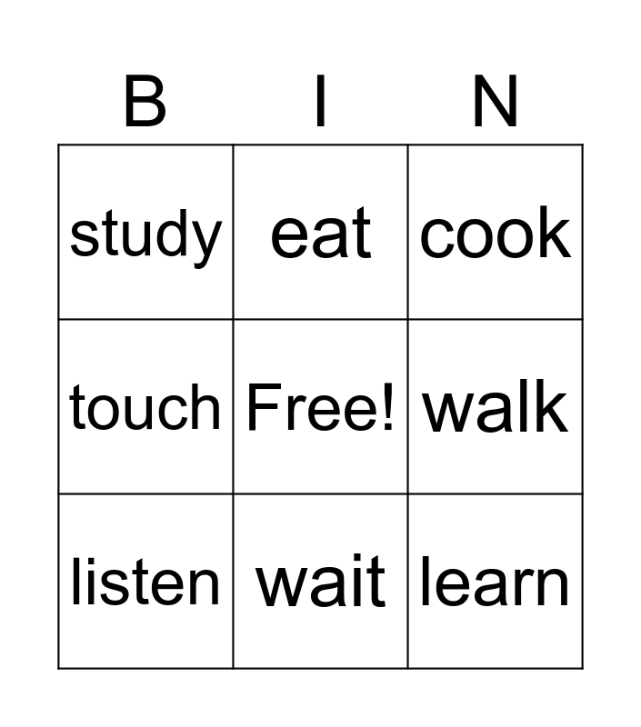 Present Tense Verb Bingo Card