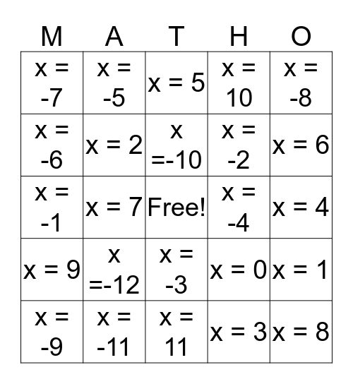 Equation Matho Bingo Card