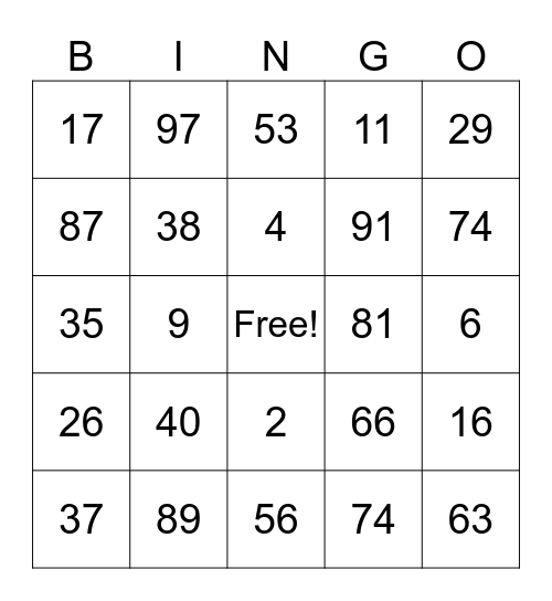 Number 1-100 Bingo Card