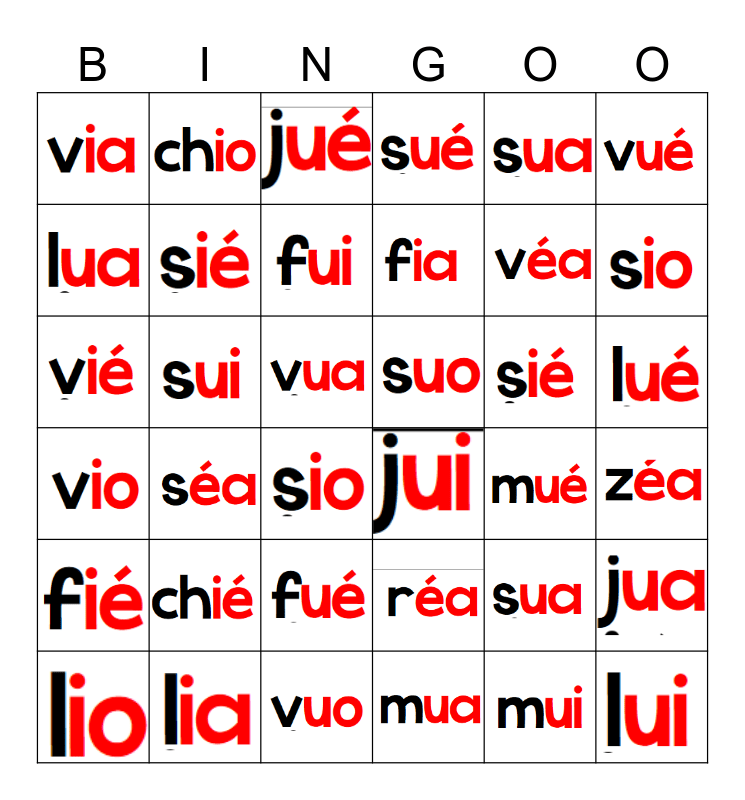 consonne + voyelle + voyelle Bingo Card
