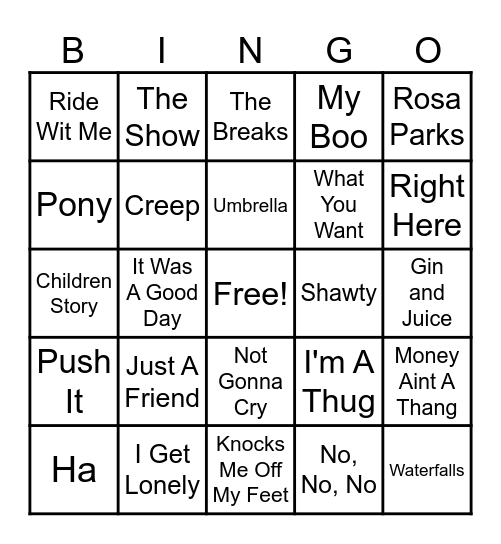 Bradford's R & B & Hop Hop Bingo Card