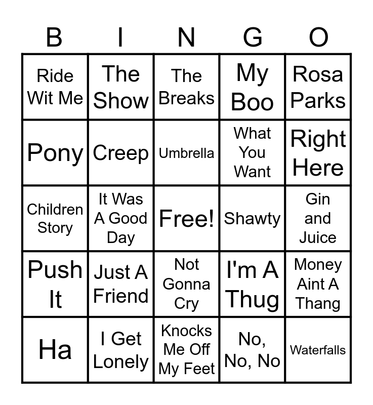 Bradford's R & B & Hop Hop Bingo Card