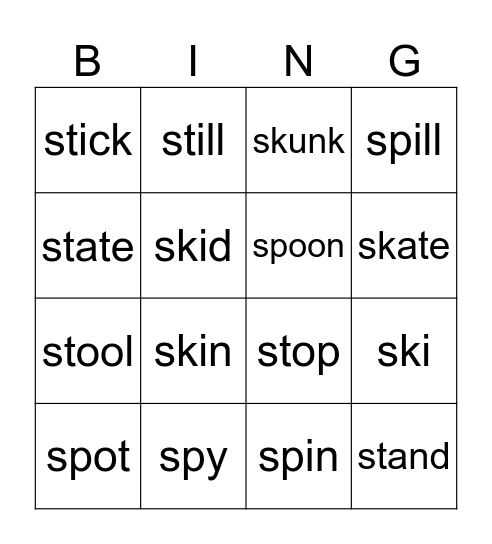 FM7 U4 Phonics_sp,sk,st Bingo Card