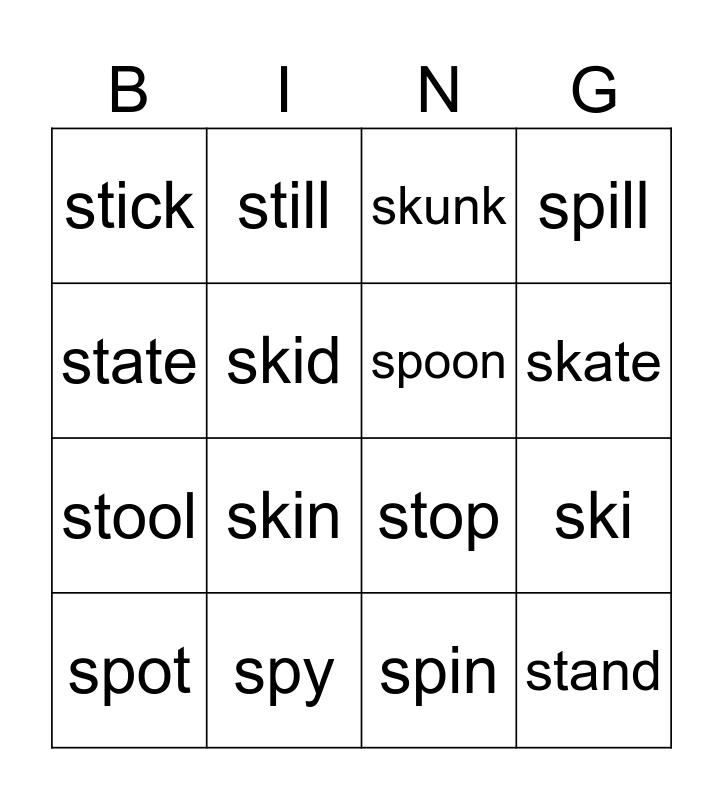 FM7 U4 Phonics_sp,sk,st Bingo Card