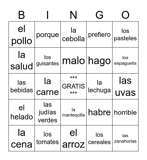 C3 B - La comida Bingo Card