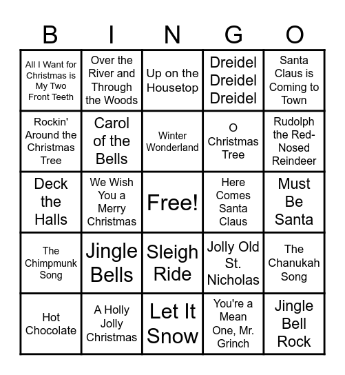 Holiday Music Bingo Card