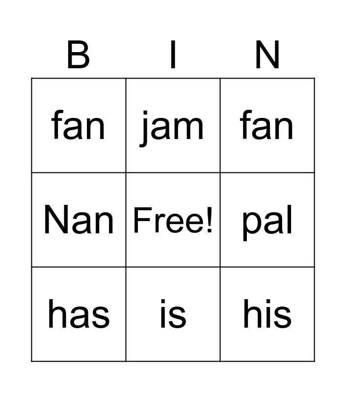 Lesson 2 Words Bingo Card