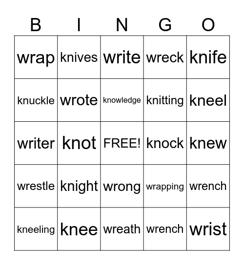 Silent letters 'kn' and 'wr' Bingo Card