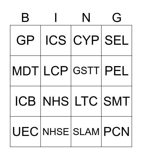 NHS acronym bingo Card