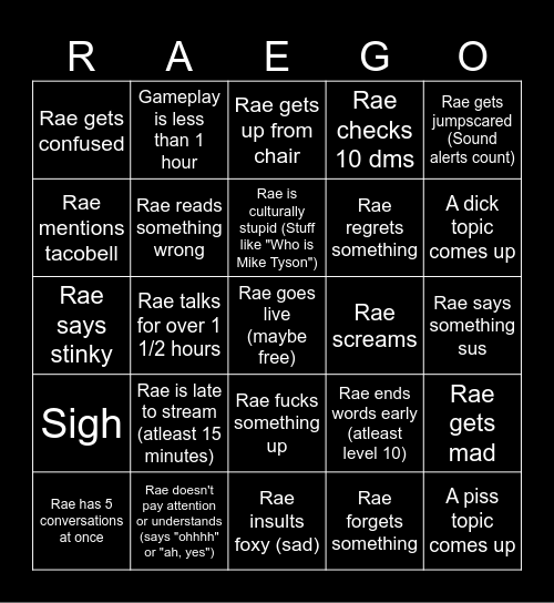 Raeiina Twitch Stream Bingo Stuff Bingo Card