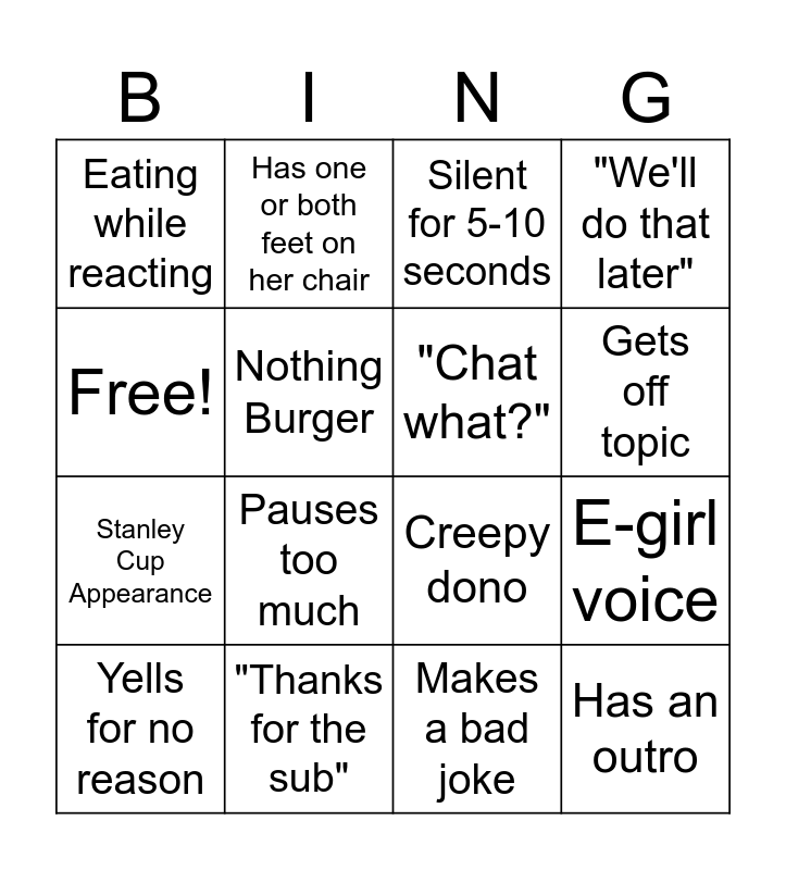 Female twitch reaction Bingo Card