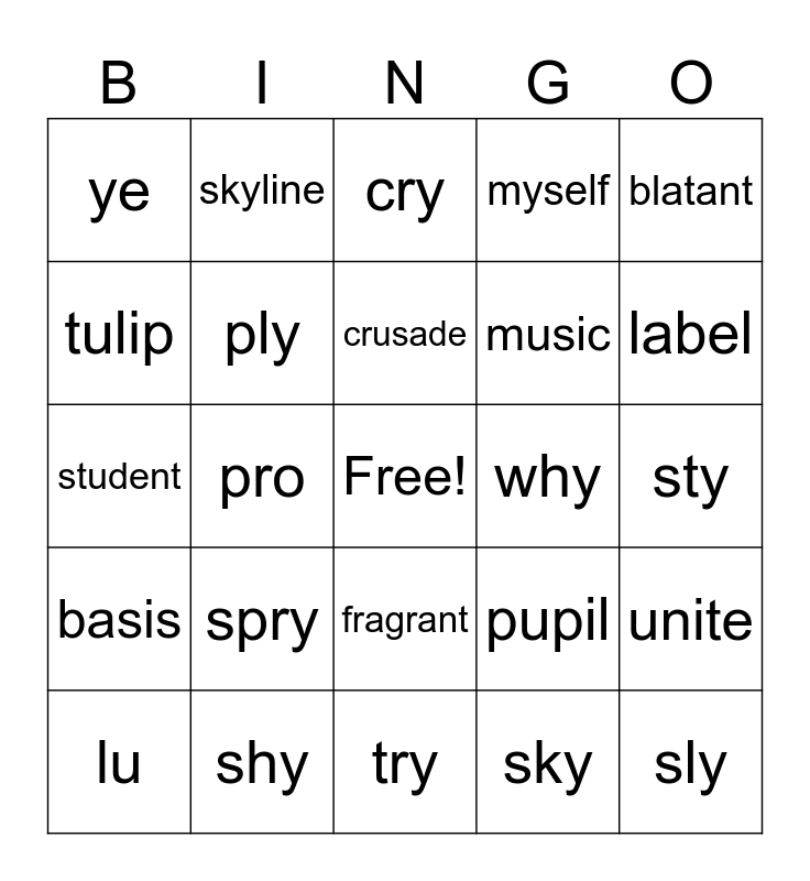 5.2 - 1/2 Syllables Bingo Card